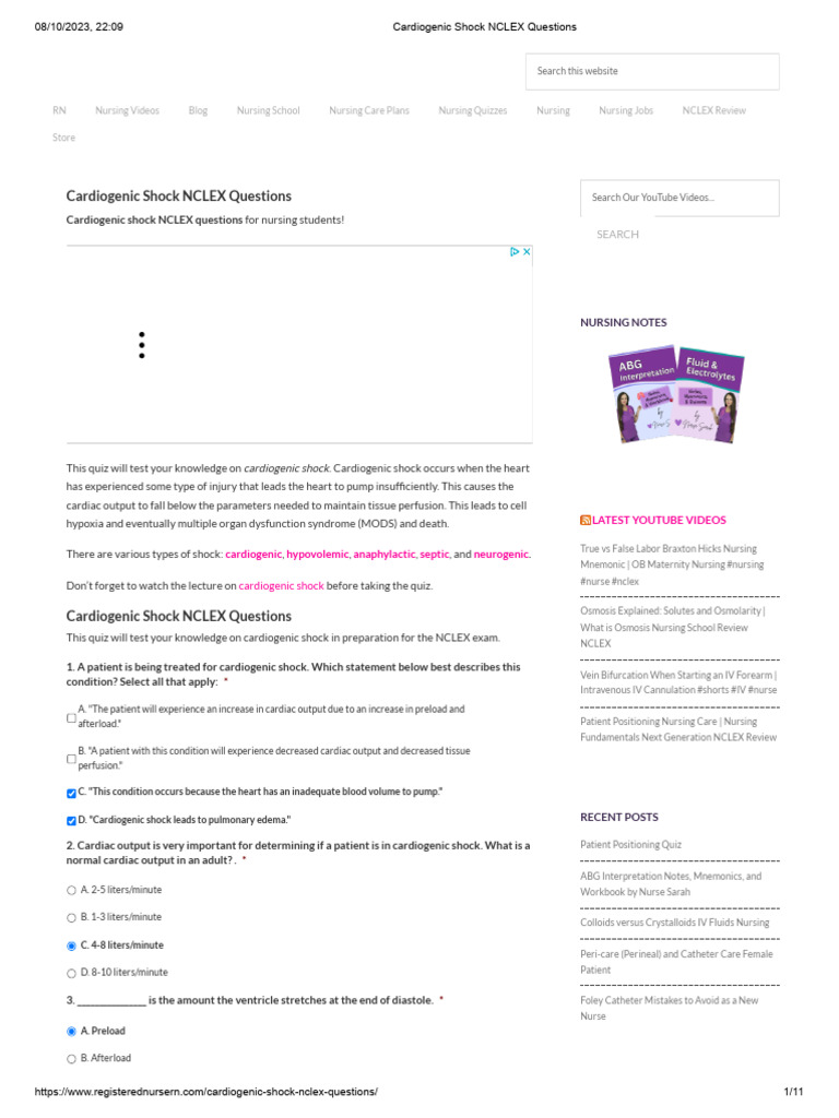 Cardiogenic Shock NCLEX Questions | PDF