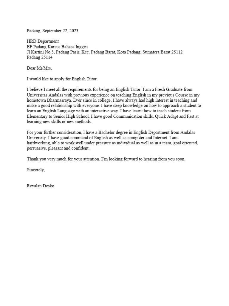 English Tutor Application Letter | PDF | Language Arts & Discipline ...