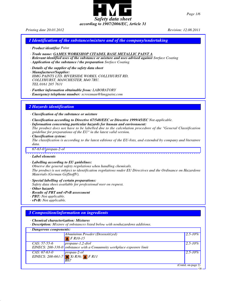 Citadel Base Metallic Paint Safety Data Sheet | PDF