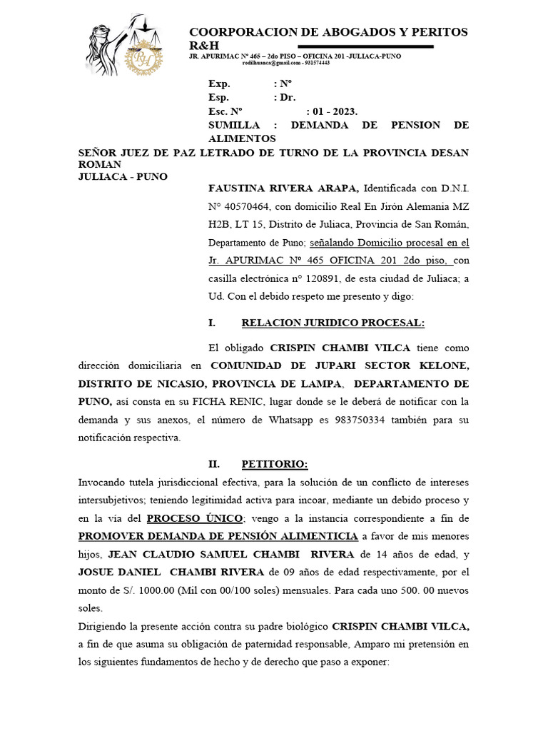 Demanda de Alimentos - Faustina Rivera | PDF