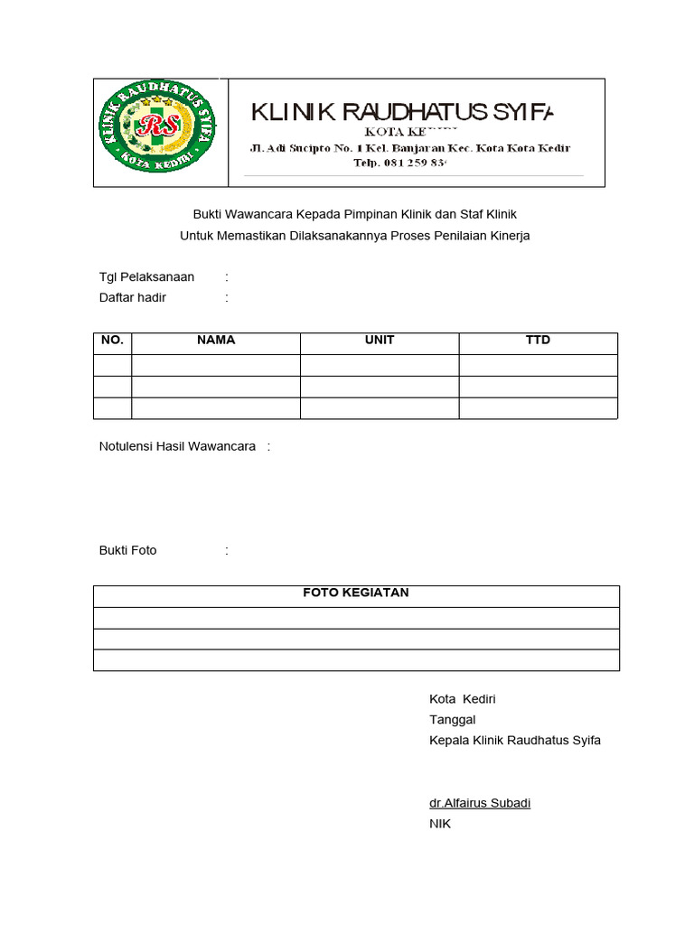 1.2.3.b - Bukti Wawancara Kepada Pimpinan Klinik Dan Staf Klinik Terkait Penilaian Kinerja | PDF