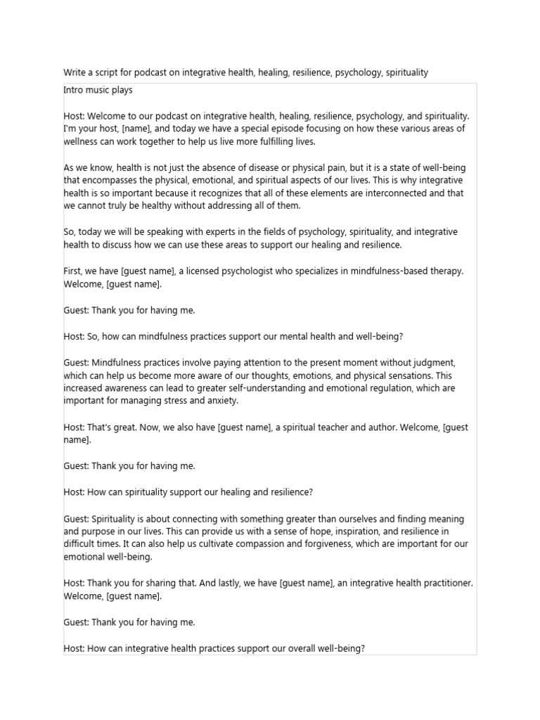Script For Podcast On Integrative Health, Healing, Resilience ...