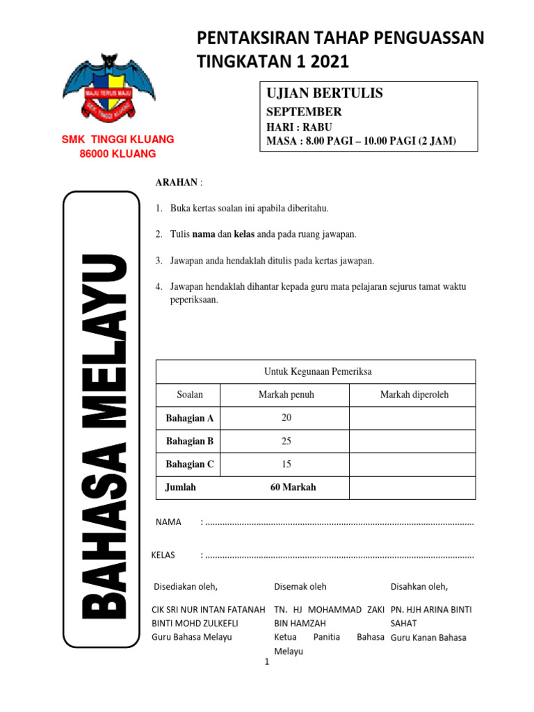 (Kluang) F1 SMK Tinggi Kluang BM Student | PDF