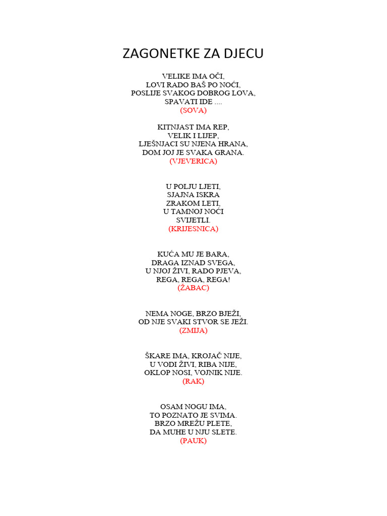 Zagonetke Za Djecu 1 | PDF
