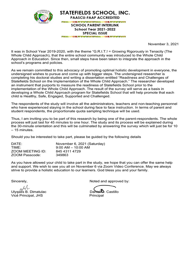 Letter To Parent Respondents | PDF