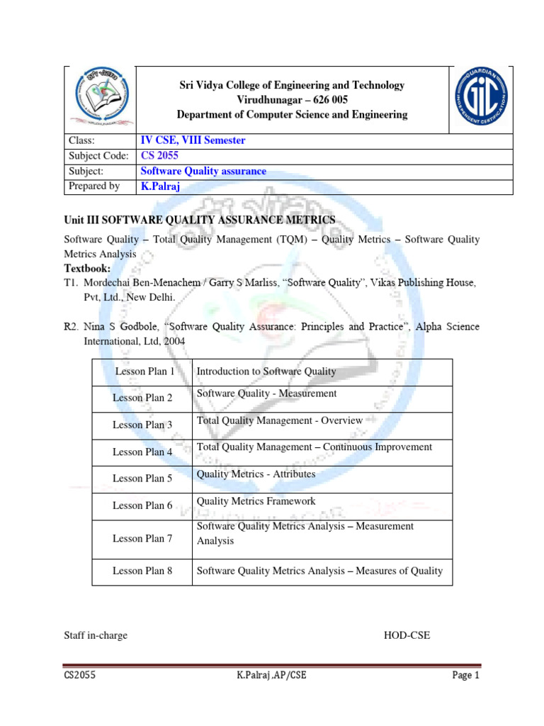 Sri Vidya College of Engineering and Technology Virudhunagar - 626 005 Department of Computer ...