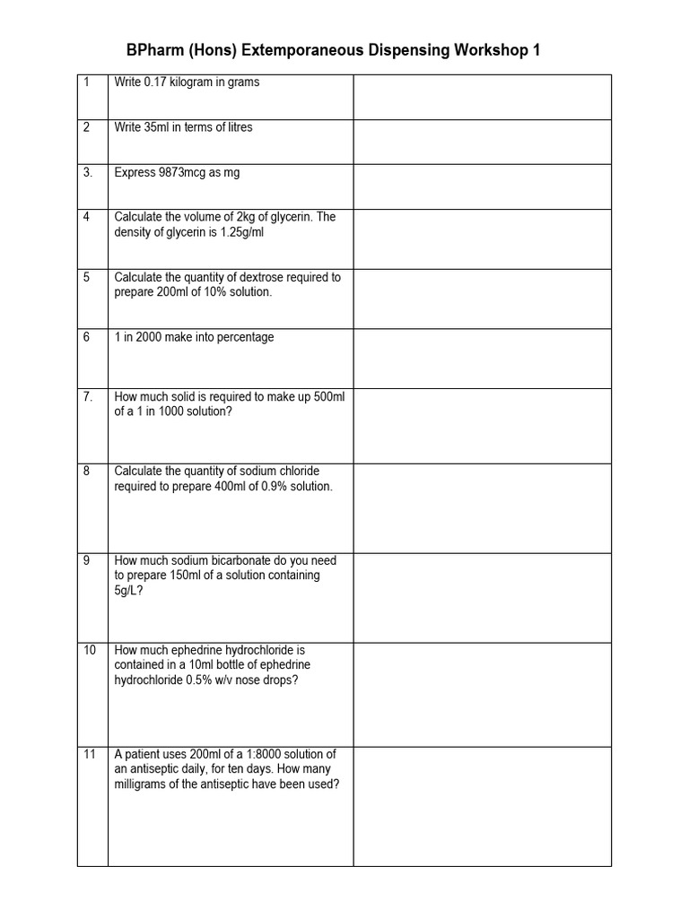 Calculation Workshop 1 Student Pdf
