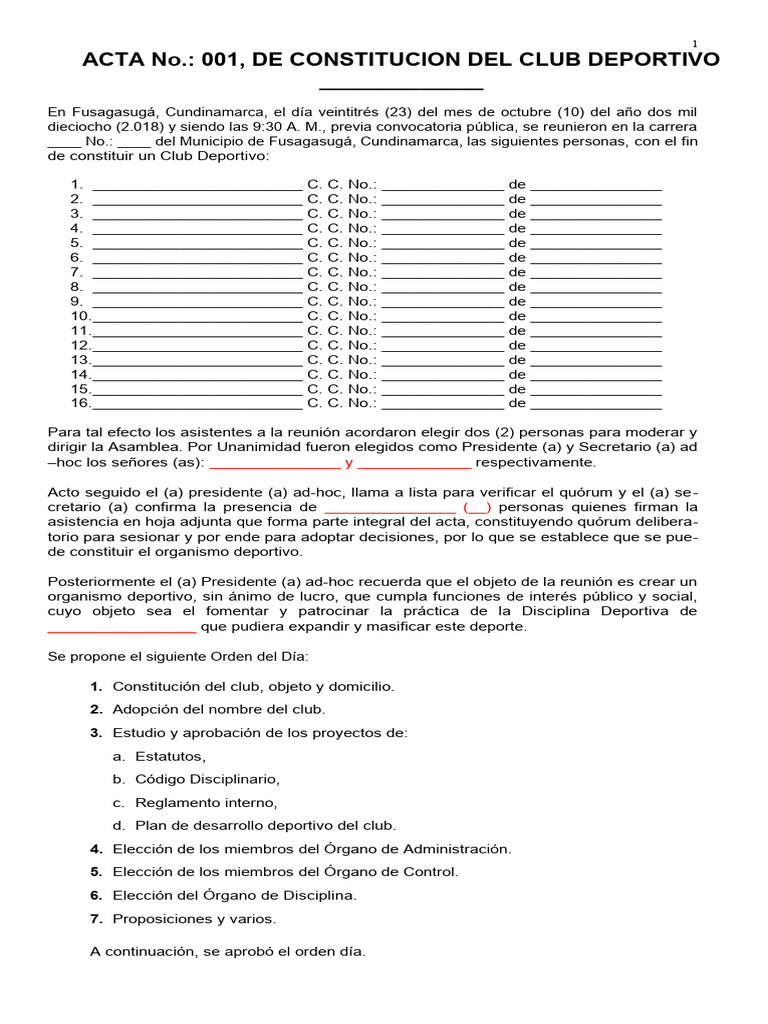 Acta 001 Constitucion Club | PDF