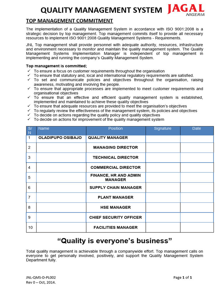 Top Management Commitment to ISO 9001 | PDF | Quality Management ...