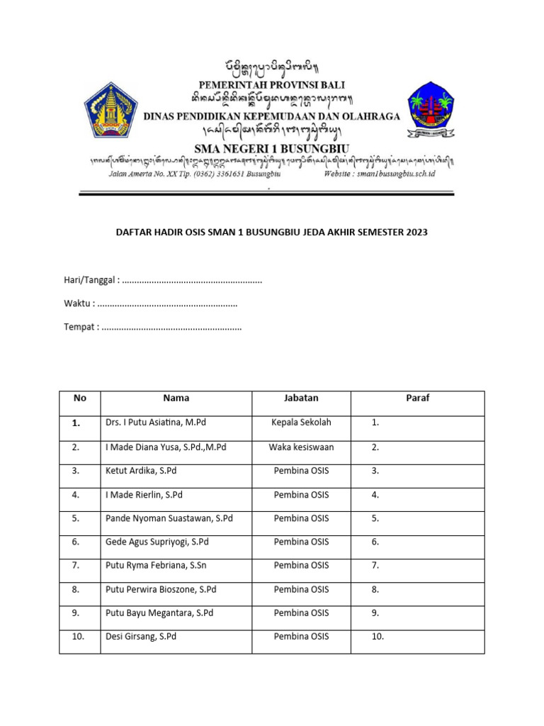 Absen Bulan Bhs OSIS | PDF