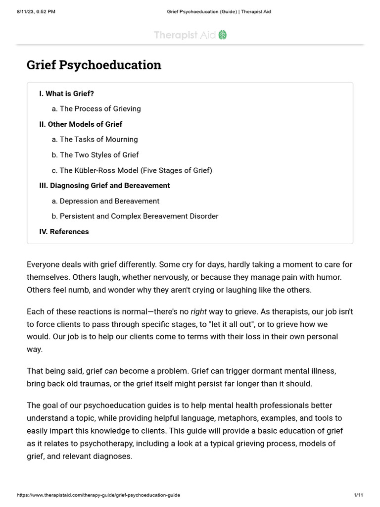 Grief Psychoeducation (Guide) - Therapist Aid | PDF | Grief | Major ...