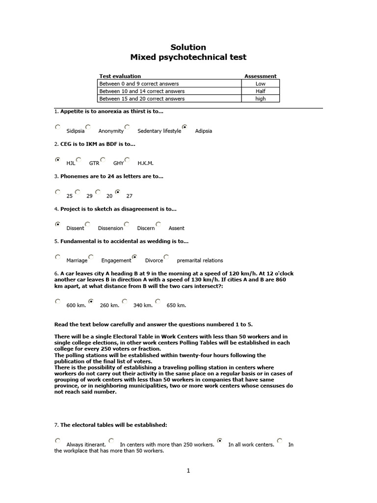 Mixed Psychotechnical Test Evaluation | PDF