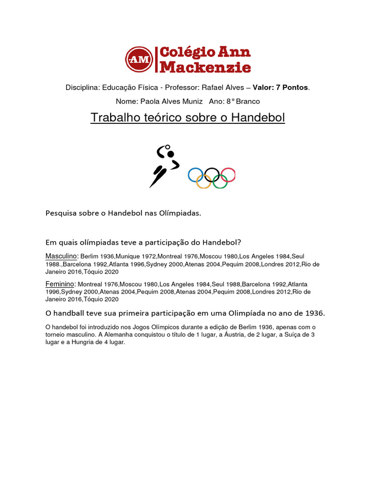 Trabalho Teórico Sobre o Handebol | PDF