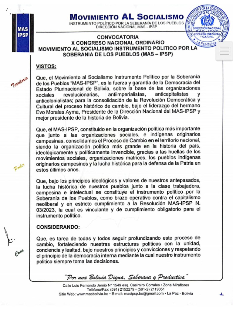 X Congreso Del Mas Ipsp para Octubre 2023 - 1695235634 | PDF