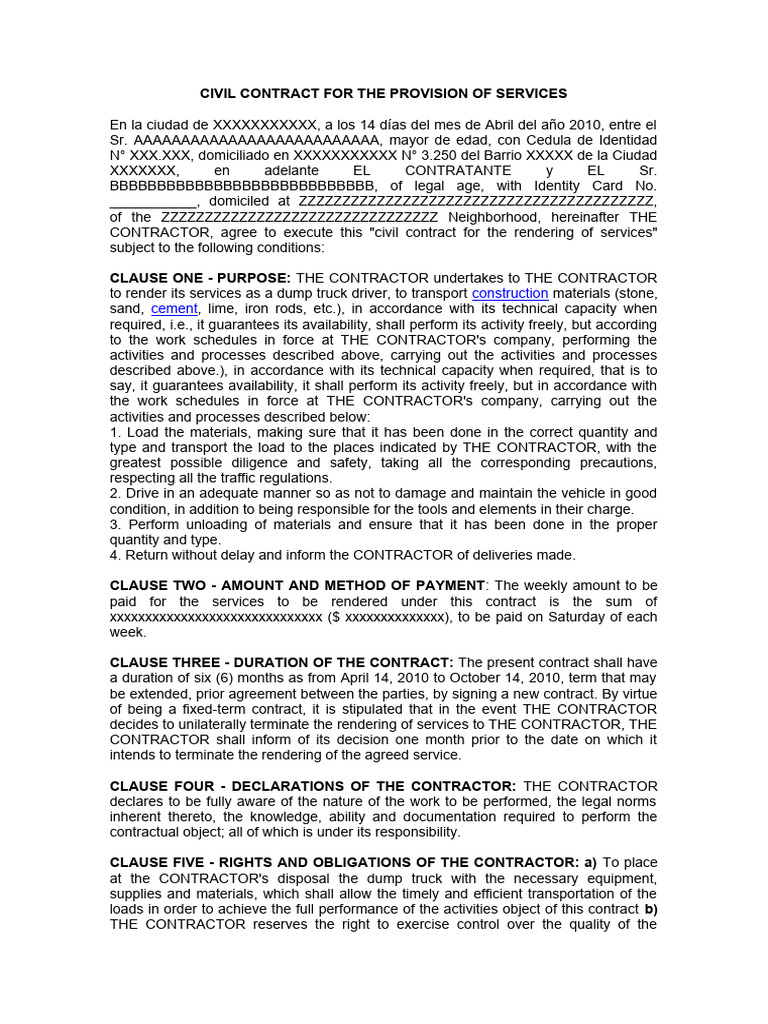 Civil Contract For The Provision of Services (Truck Driver) | PDF ...