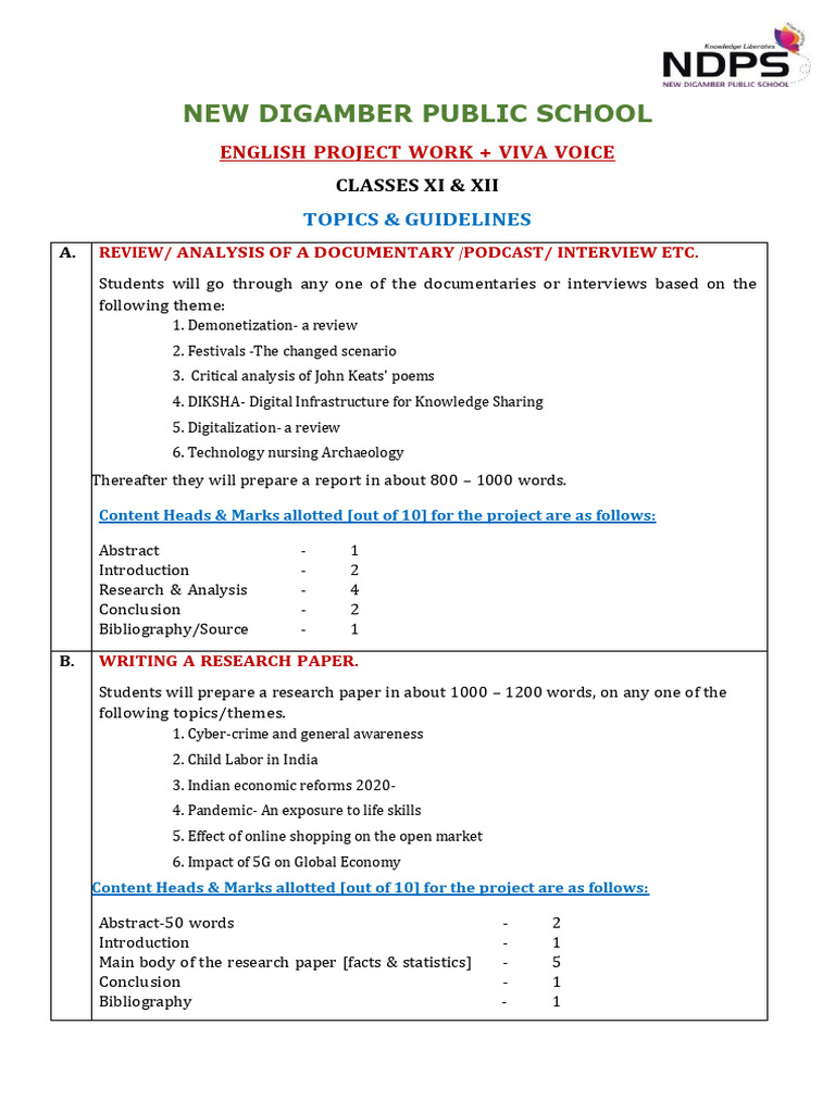 Topics & Guidelines For The Project Work | PDF