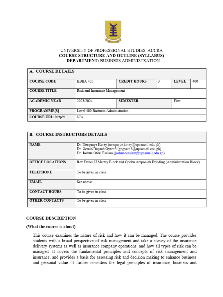 BBBA 405 Risk & Insurance Mgt. - Course Outline New-1 | PDF