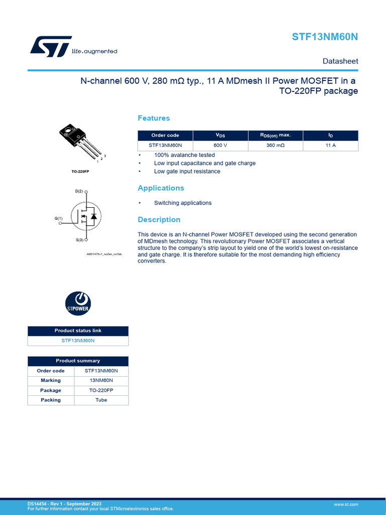 STF 13 NM 60 N | PDF | Mosfet | Field Effect Transistor