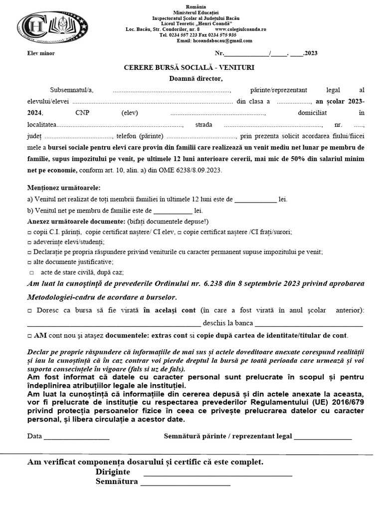 Cerere-Bursa Sociala Venituri 2023-2024 | PDF