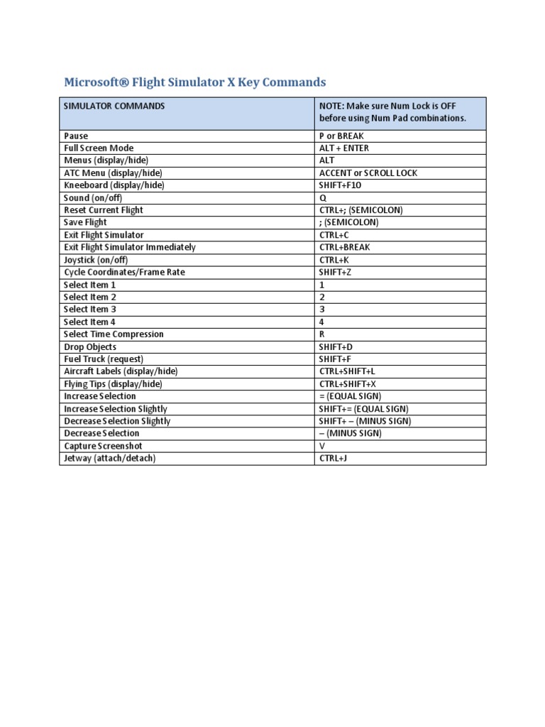 Fsx Keyboard Commands