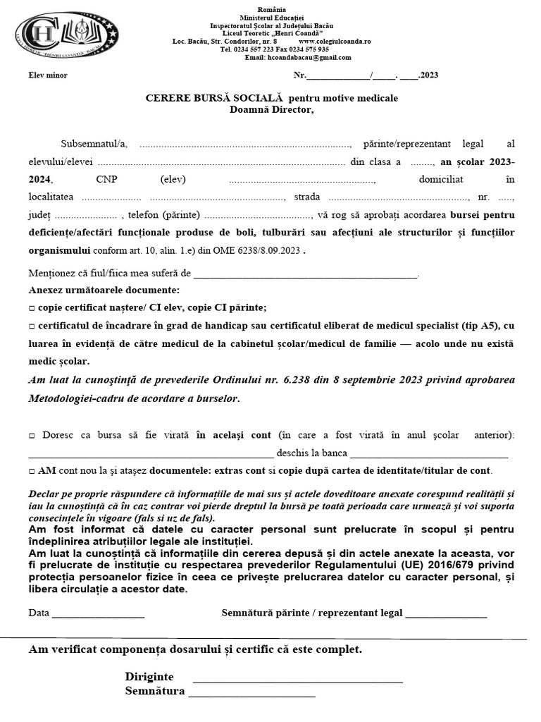 cerere-bursa-de-ajutor social medical 2023-2024 | PDF