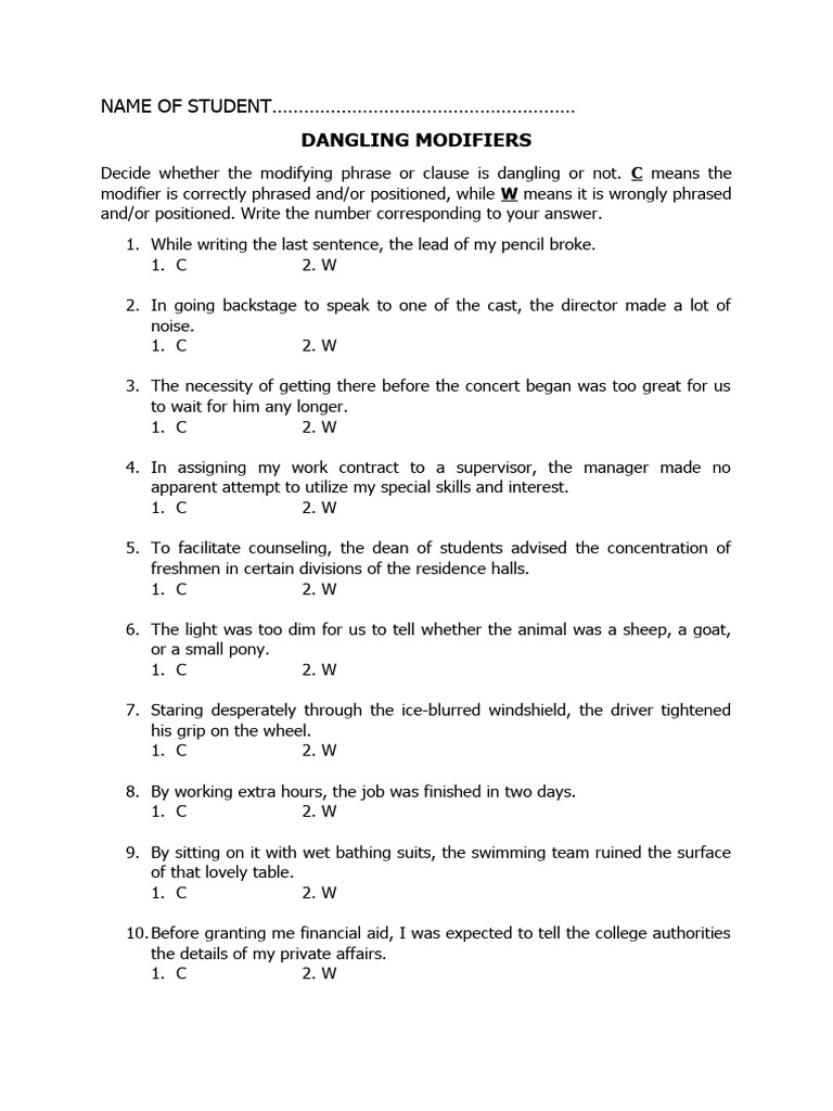 Exercises On Dangling Modifier | PDF