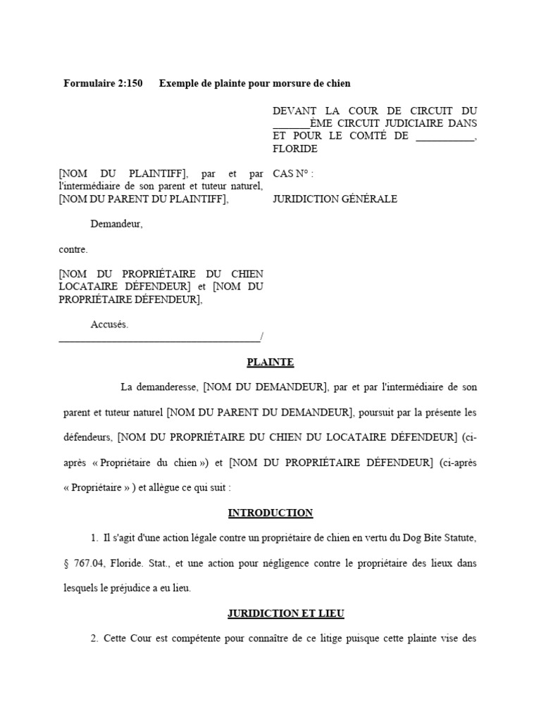 Exemple de Plainte Pour Morsure de Chien | PDF