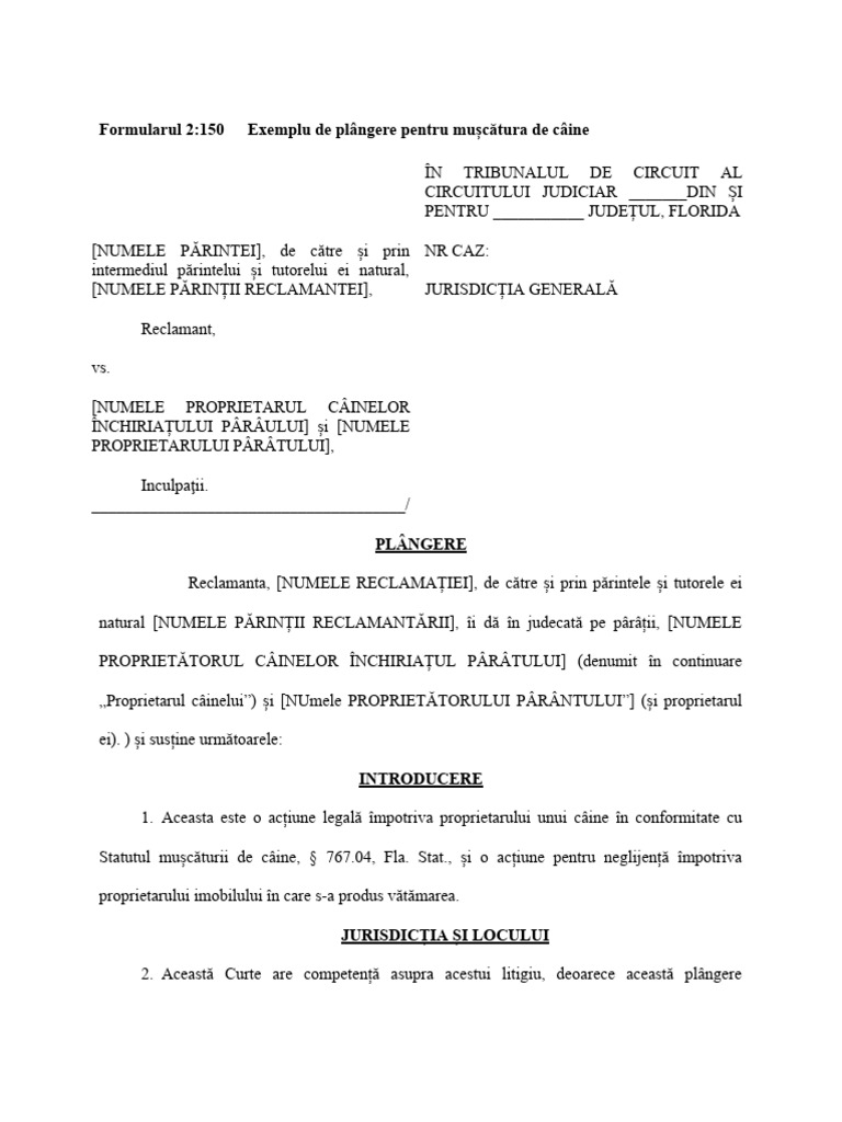 Exemplu de Plângere Pentru Mușcătura de Câine | PDF