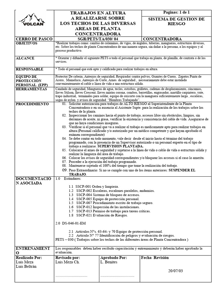 PETS TRABAJOS EN ALTURA A REALIZARSE SOBRE TECHOS | PDF