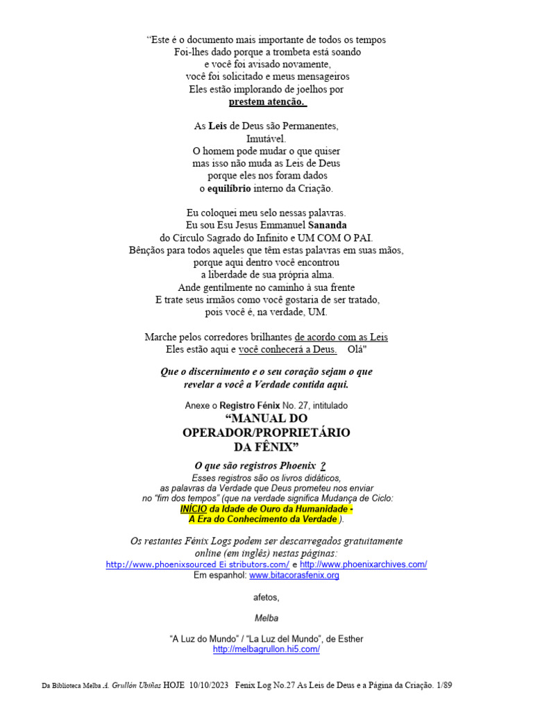 Bitacora Fenix Nº 27 - As Leis de Deus e A Criação | PDF