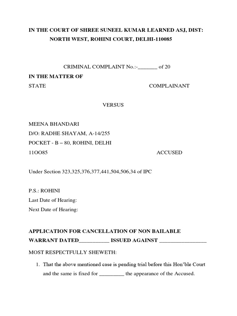 Non-Bailable Warrant Cancellation Application | PDF