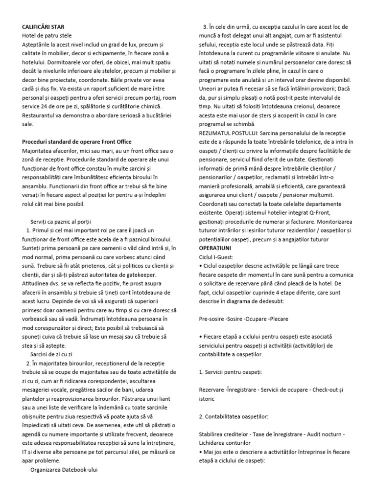 Proceduri Standard de Operare Pentru Front Office | PDF