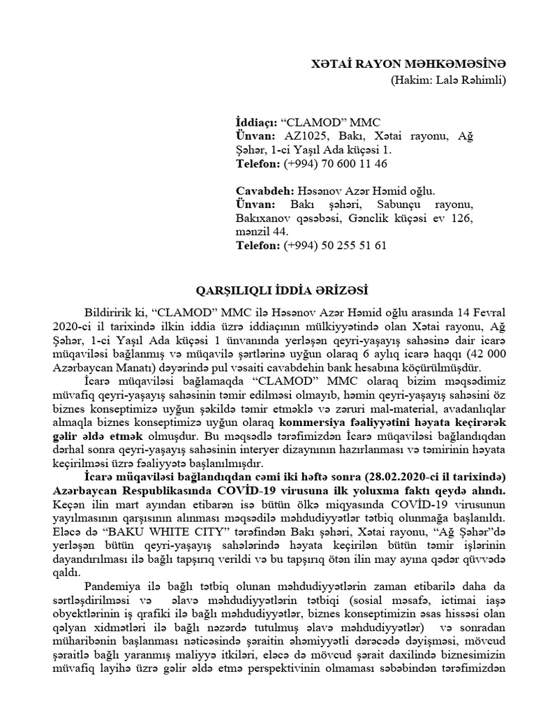 Qarşılıqlı Iddia Ərizəsi | PDF