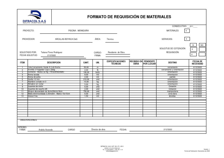 DFC GC 001 Requisición de Compra. | PDF | Materiales de construcción | Albañilería