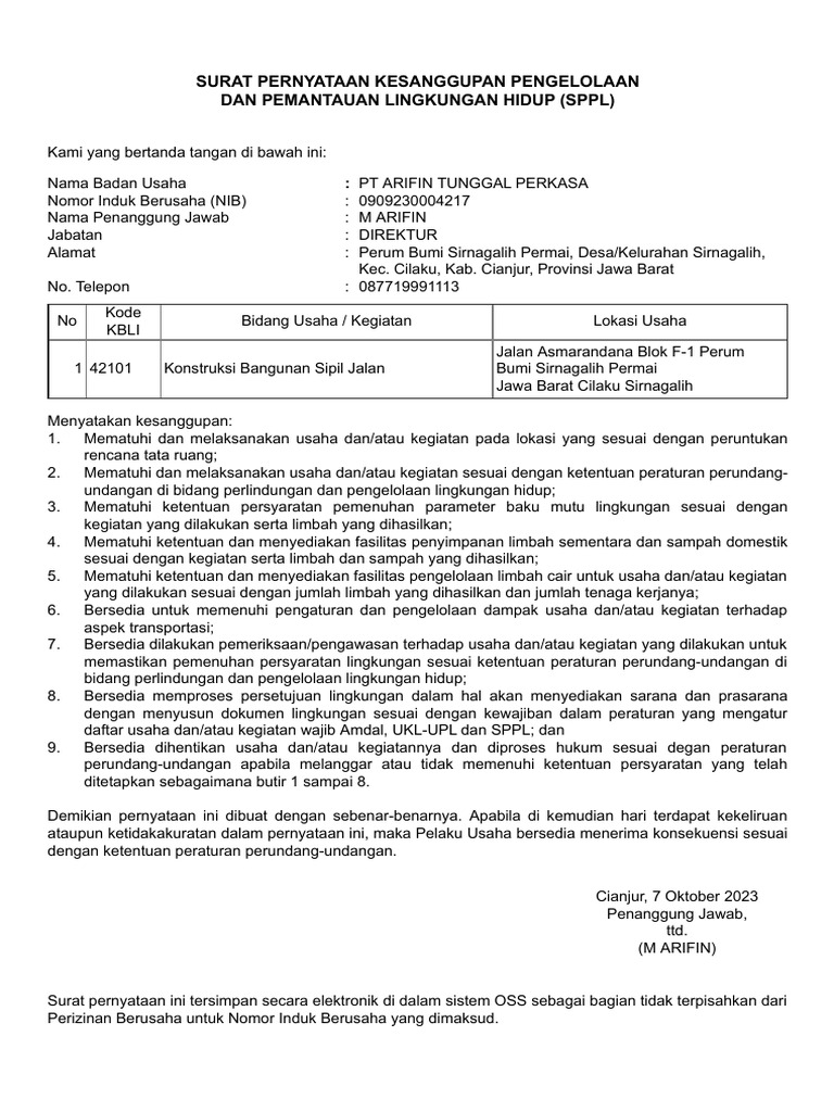 SPPL PT Arifin Tunggal Perkasa 2023 | PDF
