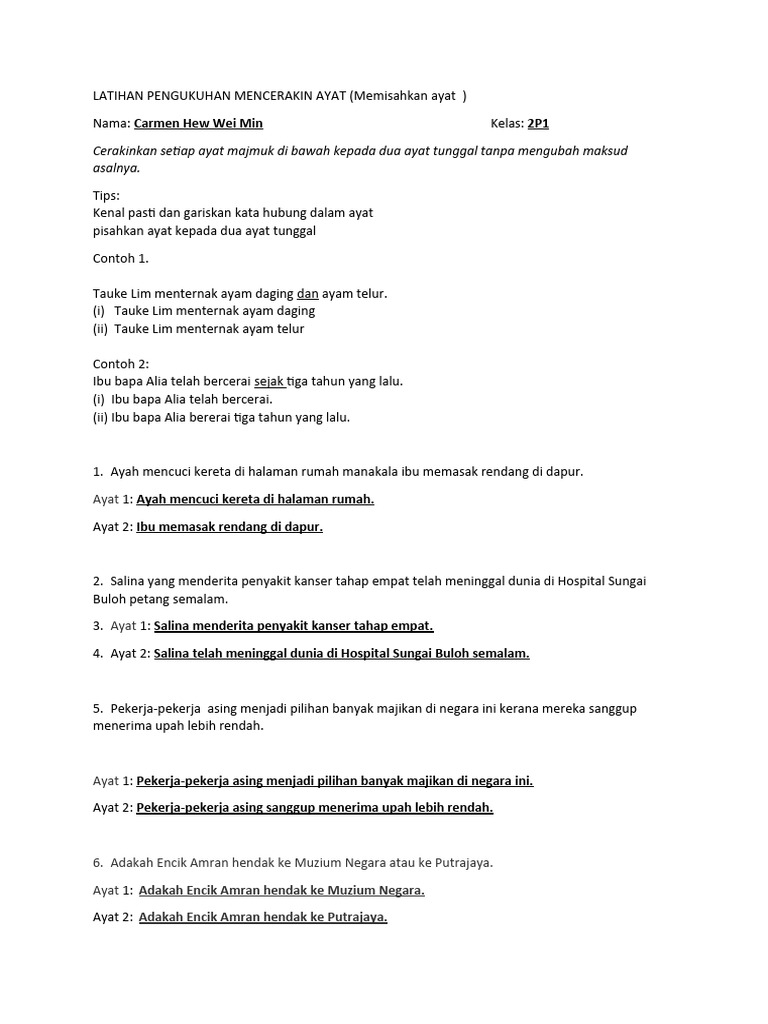 Latihan Cerakin Ayat Majmuk ke Tunggal | PDF