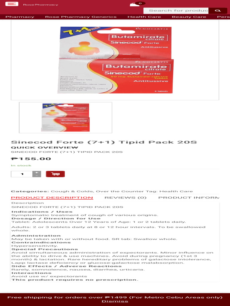 Sinecod Forte (7+1) Tipid Pack 20S Available at Rose Pharmacy | PDF