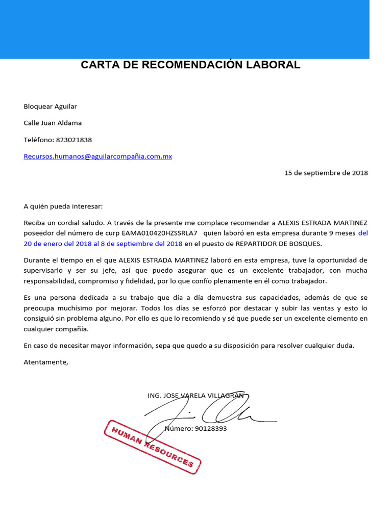 Carta de Recomendacion Laboral Membretada | PDF