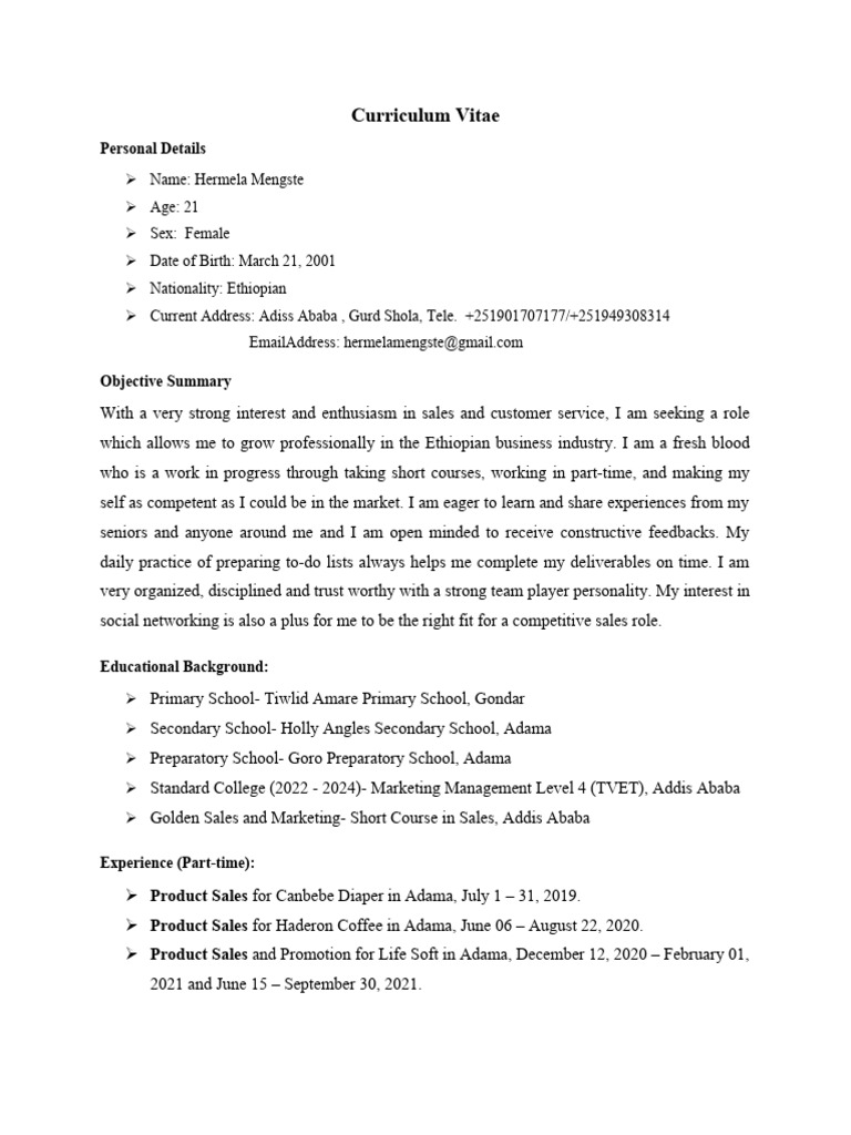 Hermela Mengiste CV | PDF | Human Communication | Cognition