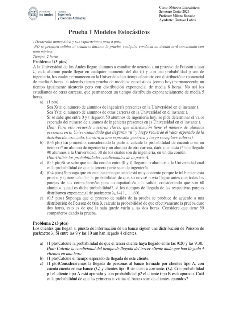 Prueba de Modelos Estocásticos | PDF | Proceso estocástico | Distribución de veneno