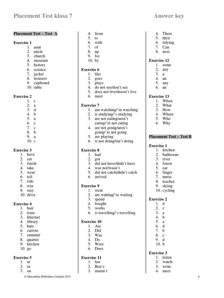Klasa - 7 - Placement - Test - Answer Key | PDF