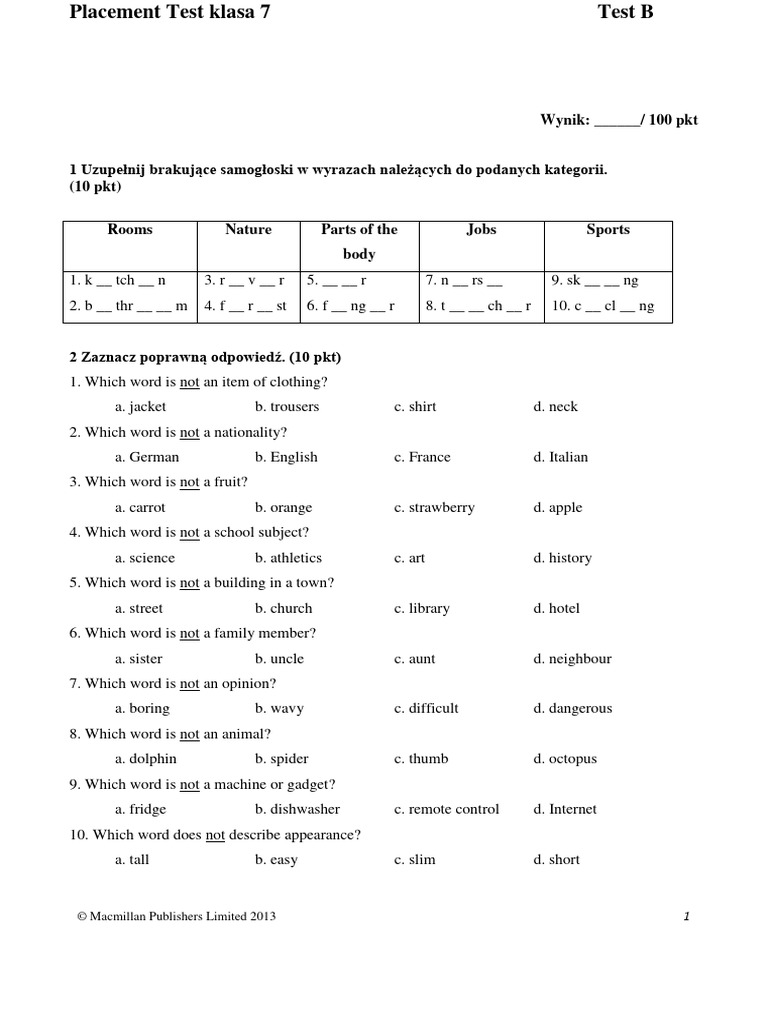 Klasa 7 PLACEMENT TEST B | PDF