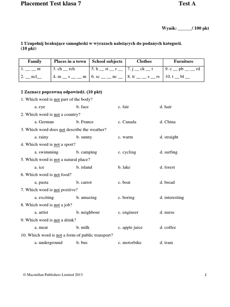 Klasa 7 PLACEMENT TEST A | PDF