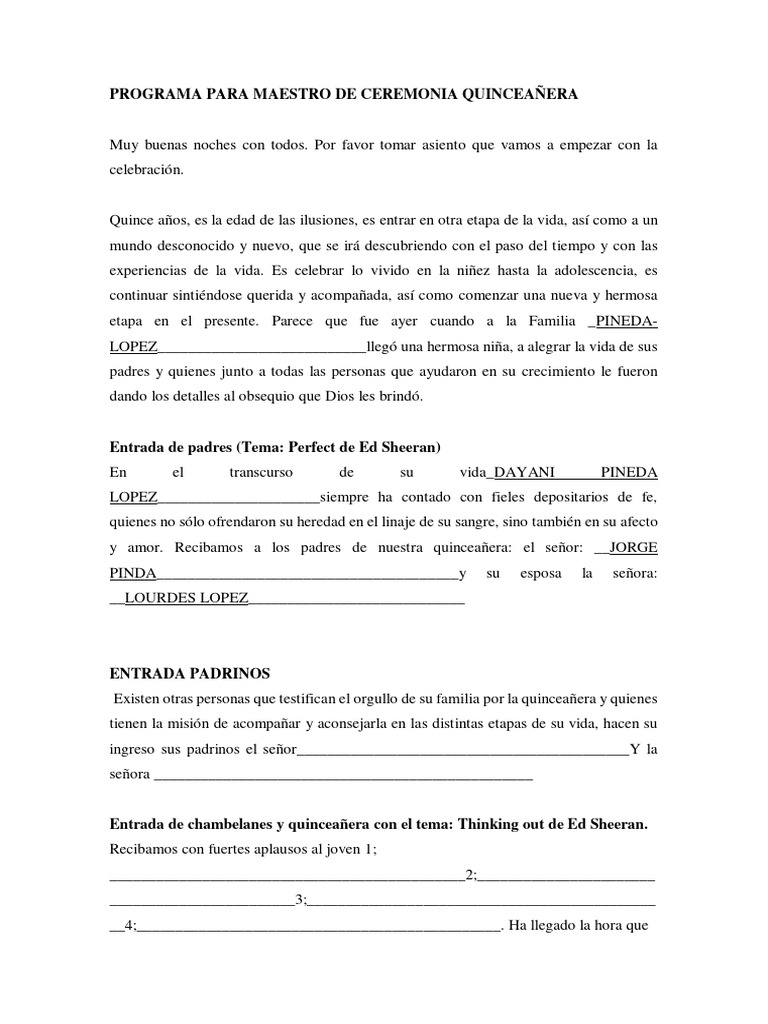 Programa para Maestro de Ceremonia Quinceañera | PDF