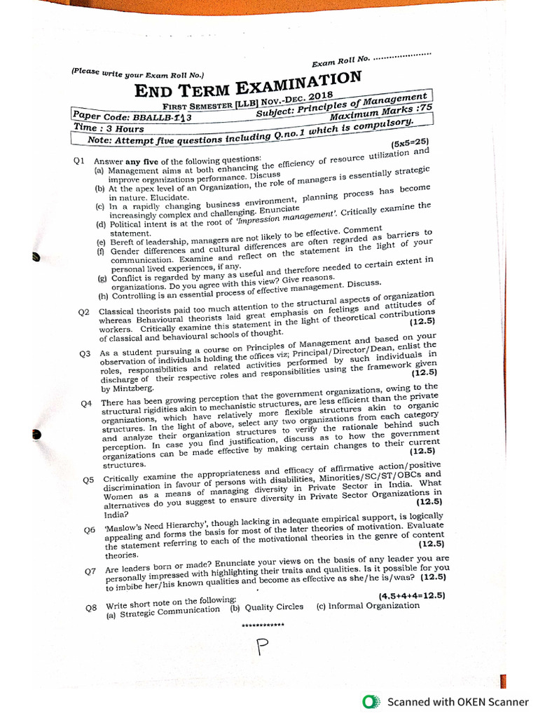 Bballb First Semester PY Question Papers | PDF