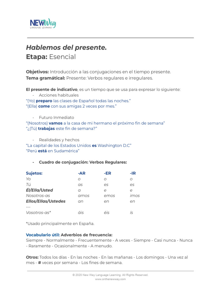 Esencial - Presente - Verbos Regulares e Irregulares | PDF | Artes del ...