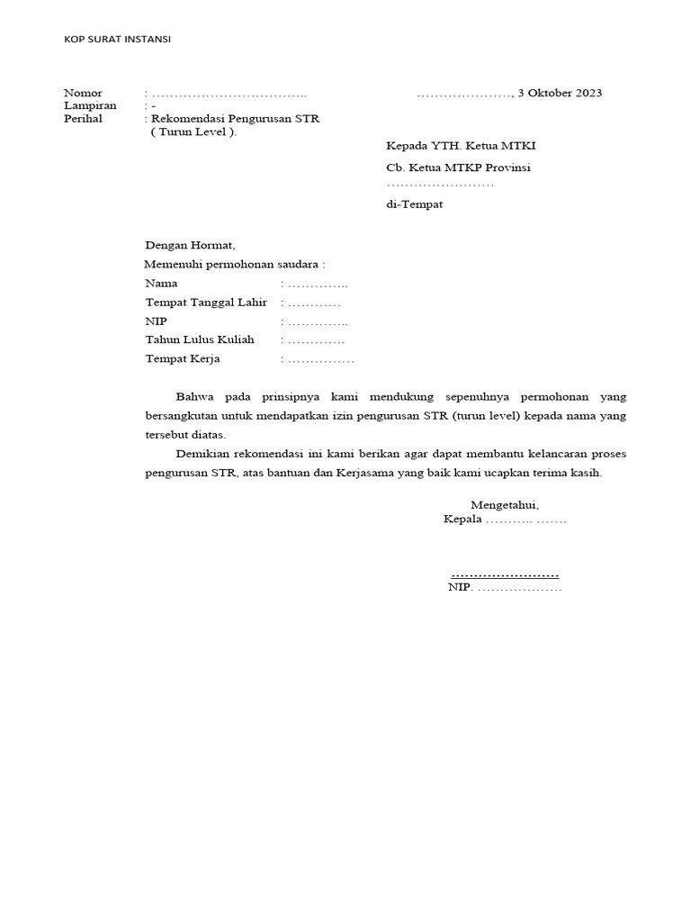 Contoh Rekomendasi Pimpinan Tempat Bekerja STR Turun Level | PDF