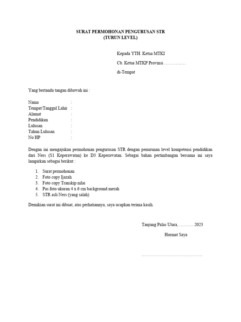 Contoh Surat Permohonan STR Turun Level | PDF
