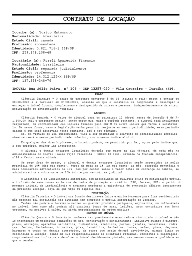 Contrato de 36 Meses Seguro Fianca Yosico Matsumoto e Roseli Aparecida ...