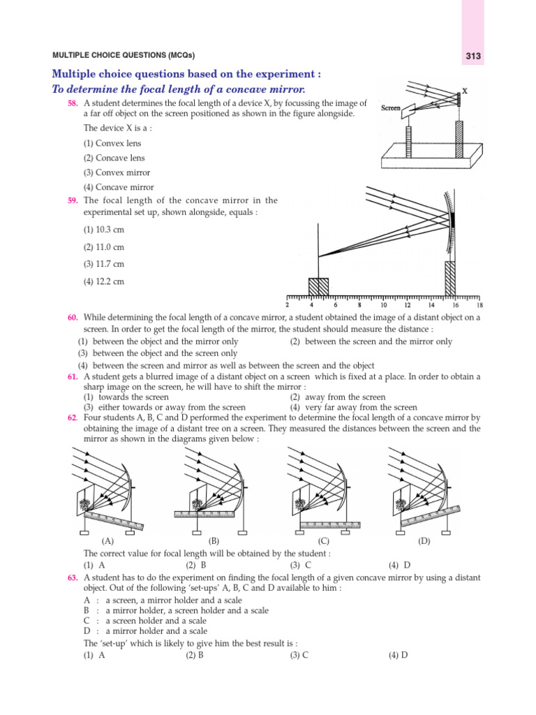 MCQs on Concave Mirror Experiments | PDF | Mirror | Electrodynamics